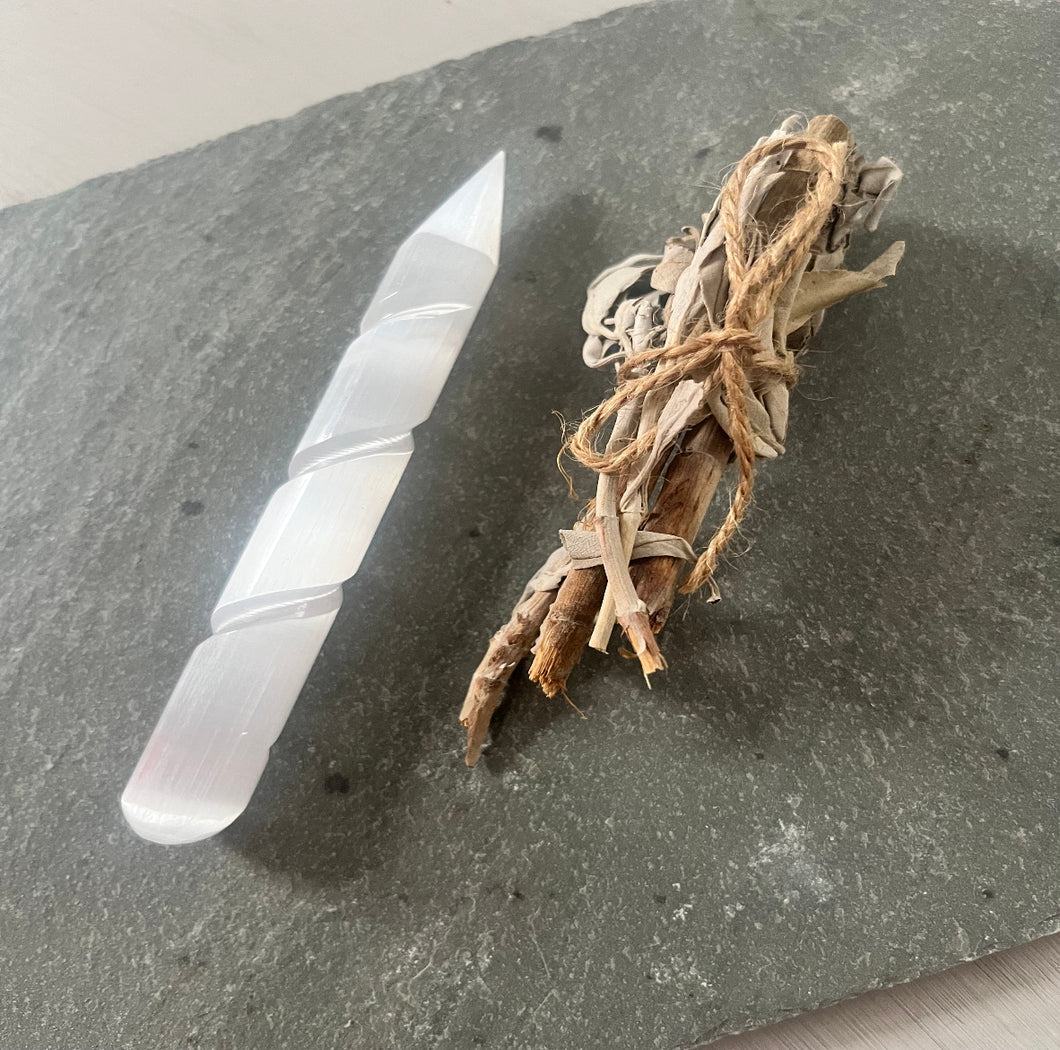 Selenite Spiral Needle Wand with Sprig of Sage – MyLittleCrystal